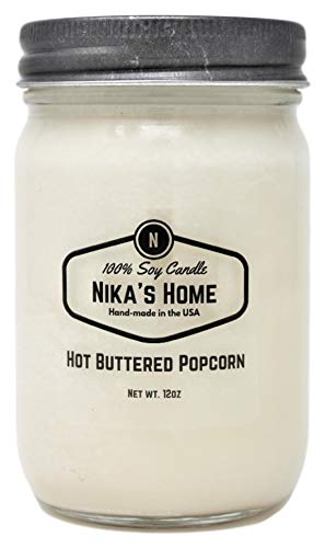 Nika's Home Hot Buttered Popcorn Soy Candle 12oz Mason Jar Non-Toxic White Soy Candle Handmade, Long Burning 50-60 Hours Highly Scented All Natural, Clean Burning Candle Gift Décor