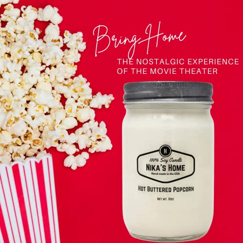 Nika's Home Hot Buttered Popcorn Soy Candle 12oz Mason Jar Non-Toxic White Soy Candle Handmade, Long Burning 50-60 Hours Highly Scented All Natural, Clean Burning Candle Gift Décor