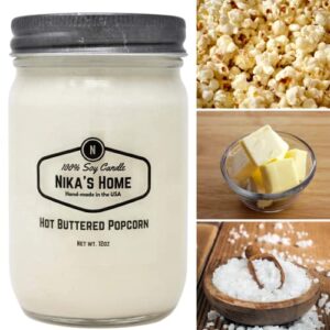 Nika's Home Hot Buttered Popcorn Soy Candle 12oz Mason Jar Non-Toxic White Soy Candle Handmade, Long Burning 50-60 Hours Highly Scented All Natural, Clean Burning Candle Gift Décor