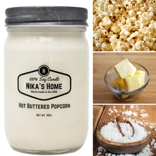 Nika's Home Hot Buttered Popcorn Soy Candle 12oz Mason Jar Non-Toxic White Soy Candle Handmade, Long Burning 50-60 Hours Highly Scented All Natural, Clean Burning Candle Gift Décor