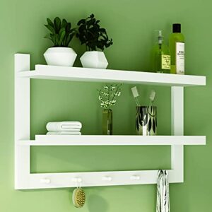 welland 2 tiers entryway floating wall shelf hanging shelf 29″ l, wall-mounted coat rack shelf with 5 hooks for hallway, bathroom, living room, bedroom,white