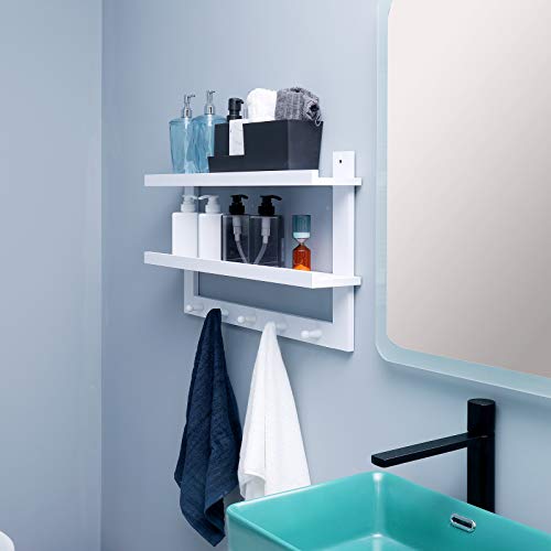 WELLAND 2 Tiers Entryway Floating Wall Shelf Hanging Shelf 29" L, Wall-Mounted Coat Rack Shelf with 5 Hooks for Hallway, Bathroom, Living Room, Bedroom,White