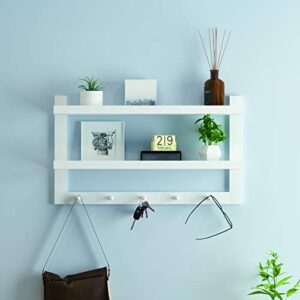 WELLAND 2 Tiers Entryway Floating Wall Shelf Hanging Shelf 29" L, Wall-Mounted Coat Rack Shelf with 5 Hooks for Hallway, Bathroom, Living Room, Bedroom,White