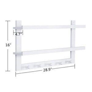 WELLAND 2 Tiers Entryway Floating Wall Shelf Hanging Shelf 29" L, Wall-Mounted Coat Rack Shelf with 5 Hooks for Hallway, Bathroom, Living Room, Bedroom,White