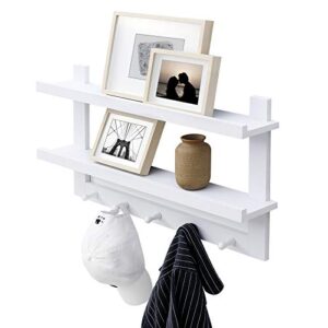 WELLAND 2 Tiers Entryway Floating Wall Shelf Hanging Shelf 29" L, Wall-Mounted Coat Rack Shelf with 5 Hooks for Hallway, Bathroom, Living Room, Bedroom,White