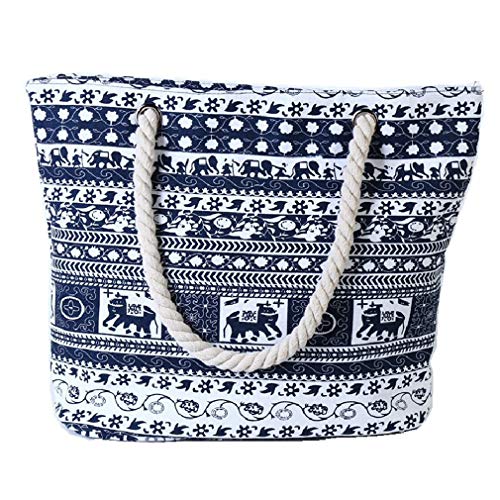 GINBL Large Canvas Elephant Tote Bag with Zipper for Women Travel Shopping Rope Handle Beach Handbag