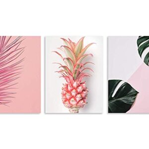 TutuBeer Plant Wall Art with Pink Pineapple at Pink Background Tropical Wall Decor Green Plant Art 12" x 16" x 3 Pieces Canvas Pictures Prints Artwork Ready to Hang for Home Decoration Wall Decor