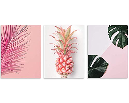 TutuBeer Plant Wall Art with Pink Pineapple at Pink Background Tropical Wall Decor Green Plant Art 12" x 16" x 3 Pieces Canvas Pictures Prints Artwork Ready to Hang for Home Decoration Wall Decor