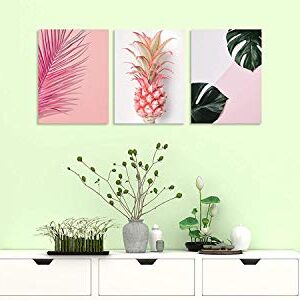 TutuBeer Plant Wall Art with Pink Pineapple at Pink Background Tropical Wall Decor Green Plant Art 12" x 16" x 3 Pieces Canvas Pictures Prints Artwork Ready to Hang for Home Decoration Wall Decor