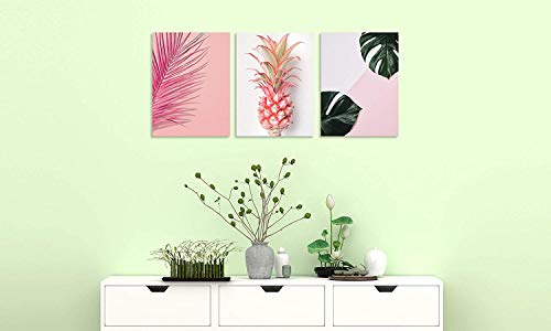 TutuBeer Plant Wall Art with Pink Pineapple at Pink Background Tropical Wall Decor Green Plant Art 12" x 16" x 3 Pieces Canvas Pictures Prints Artwork Ready to Hang for Home Decoration Wall Decor