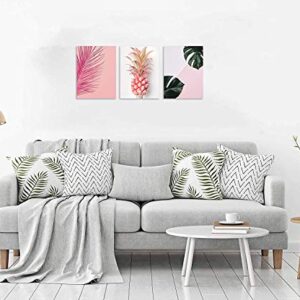 TutuBeer Plant Wall Art with Pink Pineapple at Pink Background Tropical Wall Decor Green Plant Art 12" x 16" x 3 Pieces Canvas Pictures Prints Artwork Ready to Hang for Home Decoration Wall Decor