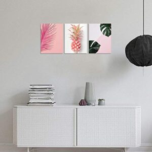 TutuBeer Plant Wall Art with Pink Pineapple at Pink Background Tropical Wall Decor Green Plant Art 12" x 16" x 3 Pieces Canvas Pictures Prints Artwork Ready to Hang for Home Decoration Wall Decor