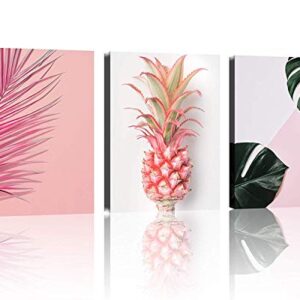 TutuBeer Plant Wall Art with Pink Pineapple at Pink Background Tropical Wall Decor Green Plant Art 12" x 16" x 3 Pieces Canvas Pictures Prints Artwork Ready to Hang for Home Decoration Wall Decor