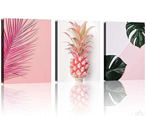 TutuBeer Plant Wall Art with Pink Pineapple at Pink Background Tropical Wall Decor Green Plant Art 12" x 16" x 3 Pieces Canvas Pictures Prints Artwork Ready to Hang for Home Decoration Wall Decor