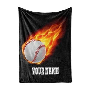 personalized custom baseball fleece and sherpa throw blanket for kids tee ball players travel baseballs gloves pitching hitting machines catching equipment bases loaded pattern