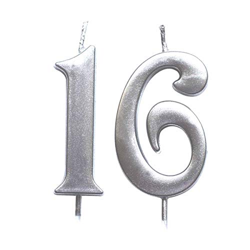 MAGJUCHE Silver 16th Birthday Numeral Candle, Number 16 Cake Topper Candles Party Decoration for Girl Or Boy