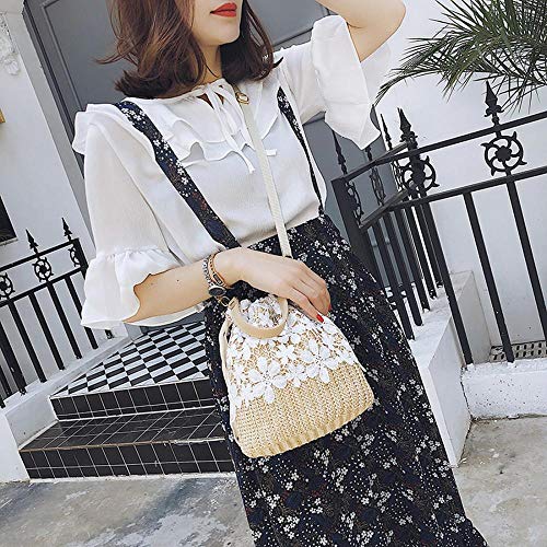 Straw Crossbody Bag, Women Beach Shoulder Summer Top Handle Crossbody Round Purse Ladies Woven Fashion Crochet (White)