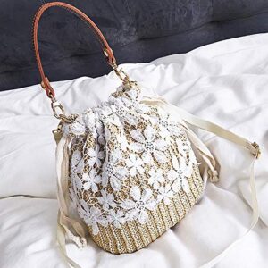 Straw Crossbody Bag, Women Beach Shoulder Summer Top Handle Crossbody Round Purse Ladies Woven Fashion Crochet (White)