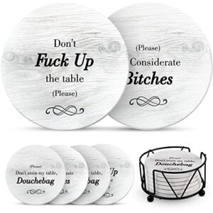 funny coasters for drinks with holder – absorbent drink coasters set 6 pcs – 3 sayings – housewarming gift for friends – men, women birthday – cool home decor – living room, kitchen, bar decorations