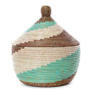 african fair trade handwoven warming basket, aqua, white, and brown spiral