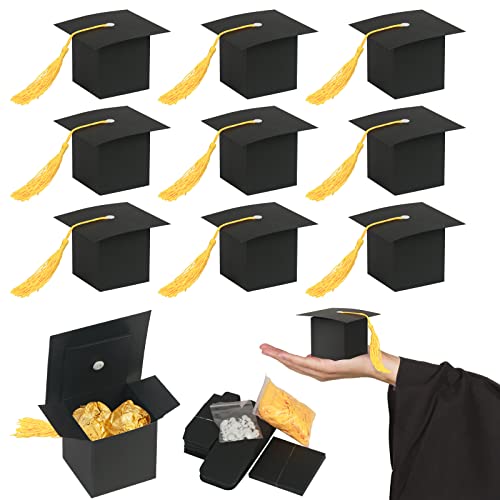 KATOOM 30pcs Graduation Sweet Boxes,6CM*6CM Doctoral Cap Shaped Gift Box Black Graduation Celebration Treat Sweet Biscuit Chocolate Sweet Box with Yellow Tassel for Graduation Ceremony Party