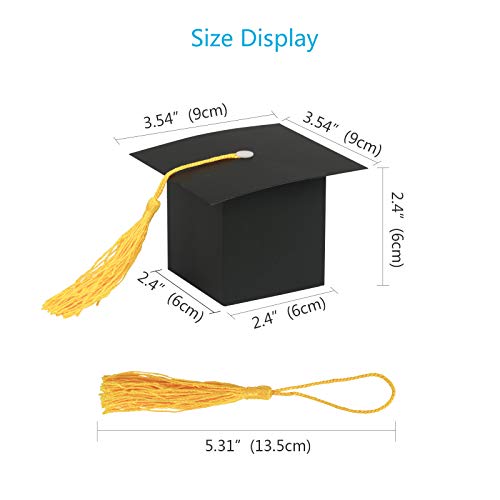 KATOOM 30pcs Graduation Sweet Boxes,6CM*6CM Doctoral Cap Shaped Gift Box Black Graduation Celebration Treat Sweet Biscuit Chocolate Sweet Box with Yellow Tassel for Graduation Ceremony Party