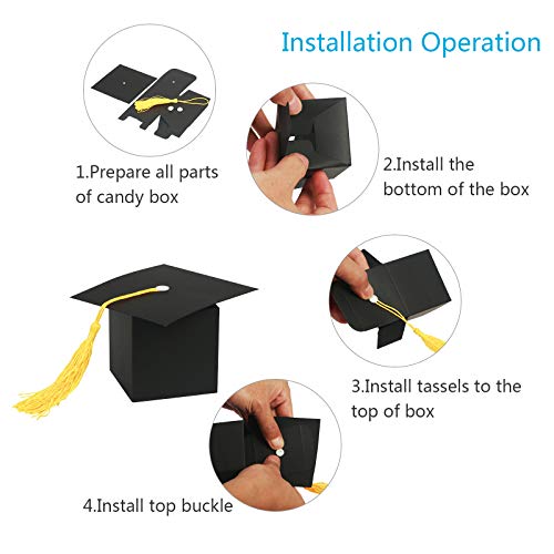 KATOOM 30pcs Graduation Sweet Boxes,6CM*6CM Doctoral Cap Shaped Gift Box Black Graduation Celebration Treat Sweet Biscuit Chocolate Sweet Box with Yellow Tassel for Graduation Ceremony Party