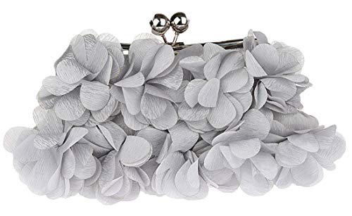 Santimon Women Clutch Kiss Lock Purse HandBags Satin Flower Evening Bags with Removable Strap Grey