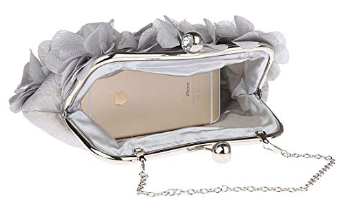 Santimon Women Clutch Kiss Lock Purse HandBags Satin Flower Evening Bags with Removable Strap Grey