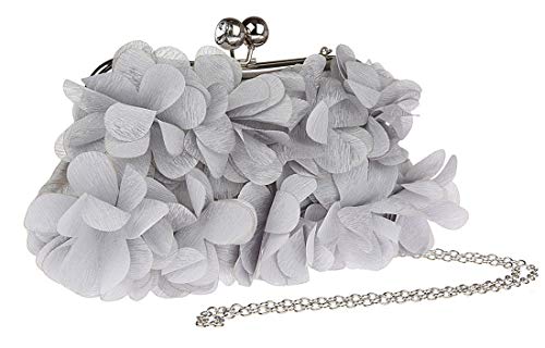 Santimon Women Clutch Kiss Lock Purse HandBags Satin Flower Evening Bags with Removable Strap Grey