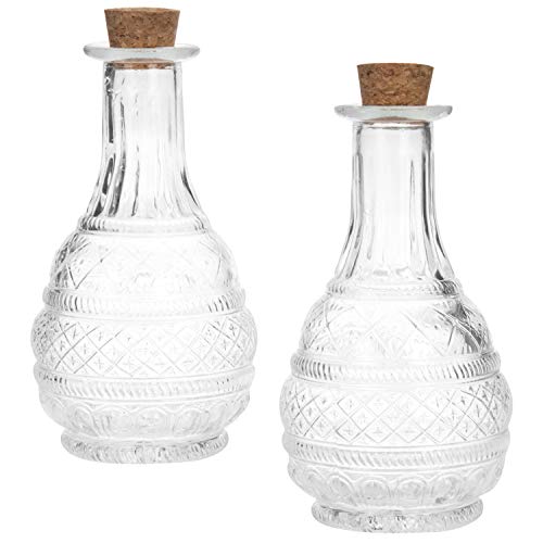 MyGift Antique Embossed Apothecary Glass Bottle - Mini Decorative Reed Diffuser Bottles with Cork Lid, Set of 2