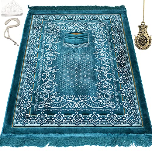 Free Prayer Cap & Beads, Islamic Prayer Rug Janamaz - Plush Velvet Wide (Turquoise)