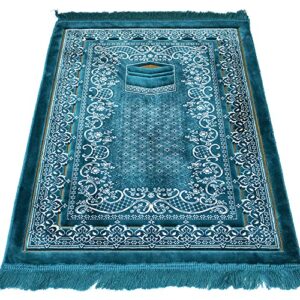 Free Prayer Cap & Beads, Islamic Prayer Rug Janamaz - Plush Velvet Wide (Turquoise)