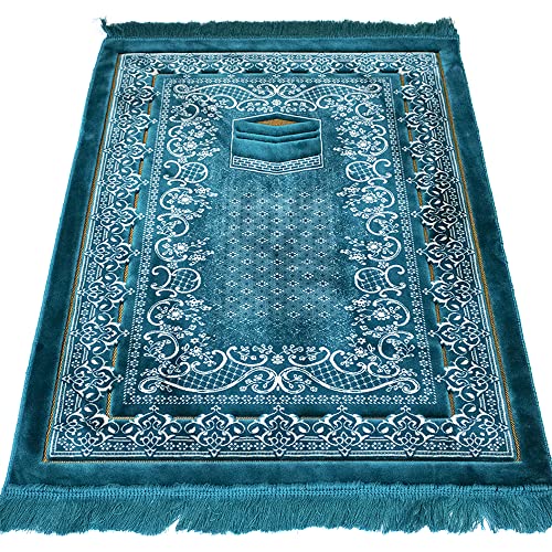 Free Prayer Cap & Beads, Islamic Prayer Rug Janamaz - Plush Velvet Wide (Turquoise)