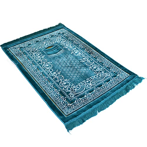 Free Prayer Cap & Beads, Islamic Prayer Rug Janamaz - Plush Velvet Wide (Turquoise)