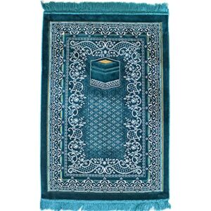 Free Prayer Cap & Beads, Islamic Prayer Rug Janamaz - Plush Velvet Wide (Turquoise)