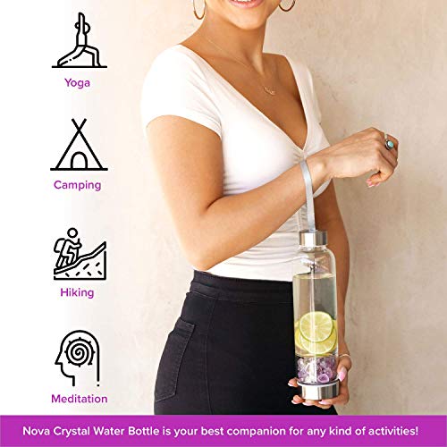 Crystal Elixir Infused Clear Motivational Gem Water Bottle + Protective Sleeve + Removable Crystals Healing Stones | Witchcraft Supplies Infuser Water Bottle – 15 Oz (Amethyst)