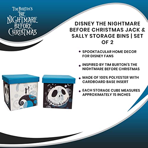 Disney The Nightmare Before Christmas Jack & Sally 15-Inch Storage Bin Cube Organizers, Set of 2 | Fabric Basket Container, Cubby Closet Organizer, Home Decor for Playroom | Gifts and Collectibles