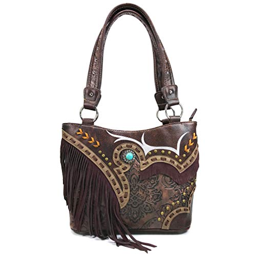 Zelris Women Tote Handbag Wallet Set Turquoise Concho Suede Fringe Two Tone Cowgirl Concealed Carry Purse (Western Brown)