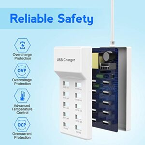 USB Charger USB Charging Station with Rapid Charging Auto Detect Technology Safety Guaranteed 10-Port Family-Sized Smart USB Ports for Multiple Devices Smart Phone Tablet Laptop Computer