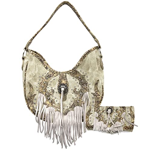 Zelris Western Concho Fringe Lace Two Toned Conceal Carry Hobo Tote Wallet Set (Beige)