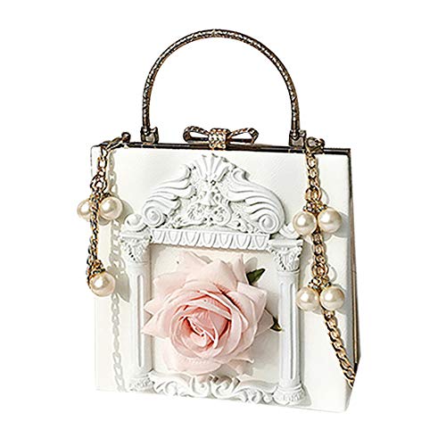 QZUnique Women's 3D Floral Embossed Clutch Evening Bag Bowknot Snaps Crossbody Purse Chain Baroque Shoulder Bag White