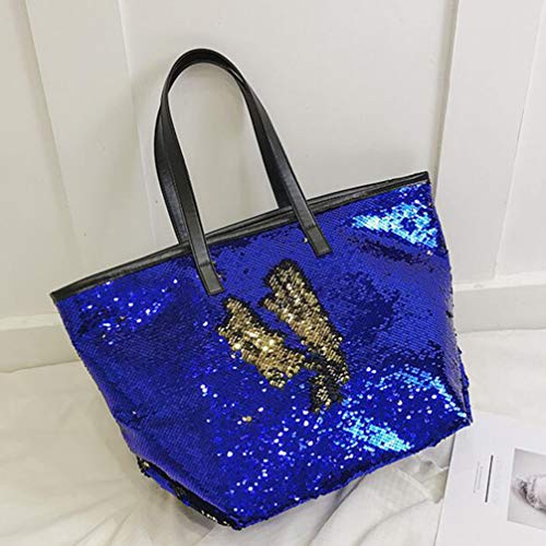 FENICAL Tote Sequins Shoulder Bag Glitter Handbag Flippy Large Tote Bag for Ladies Girls Women- Dark Blue (Random color of inner pattern)