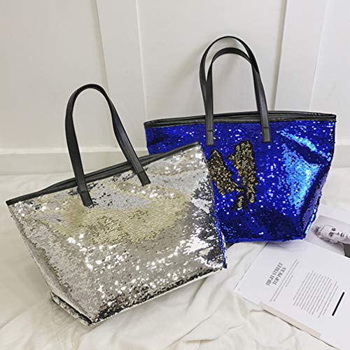 FENICAL Tote Sequins Shoulder Bag Glitter Handbag Flippy Large Tote Bag for Ladies Girls Women- Dark Blue (Random color of inner pattern)