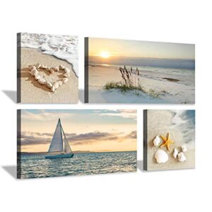 hardy gallery beach picture sunset canvas art: seascape painting with sailboat & coastal conch artwork wall art for bedroom (24” x 12” x 2 panels + 12” x 12” x 2 panels)