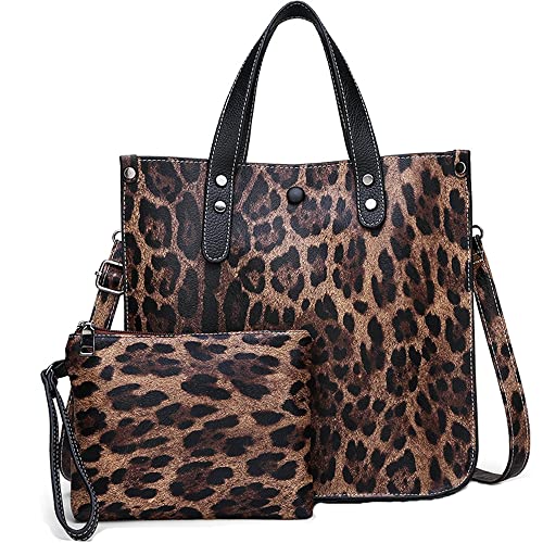 Leopard Print Tote Bag Women Animal Print PU Leather Handbags Ladies Shoulder Bags Totes Purse Clutch Wallet Satchel Style Handbags 2 PCS Set-Brown