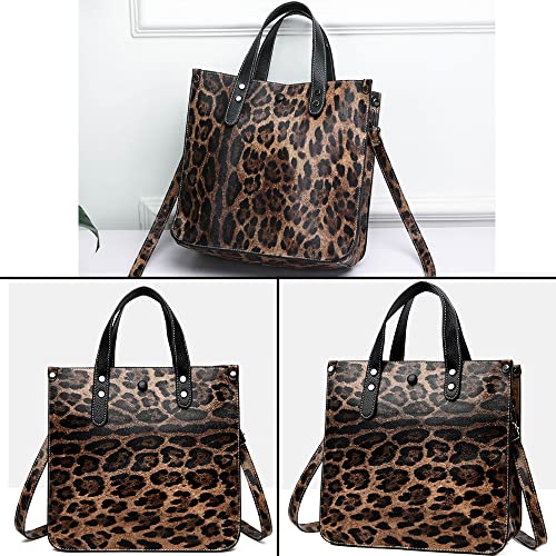 Leopard Print Tote Bag Women Animal Print PU Leather Handbags Ladies Shoulder Bags Totes Purse Clutch Wallet Satchel Style Handbags 2 PCS Set-Brown