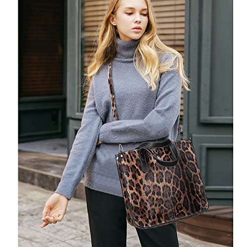 Leopard Print Tote Bag Women Animal Print PU Leather Handbags Ladies Shoulder Bags Totes Purse Clutch Wallet Satchel Style Handbags 2 PCS Set-Brown