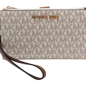 Michael Kors Jet Set Travel Double Zip Wristlet - Signature PVC (Vanilla PVC/Dark Acorn)