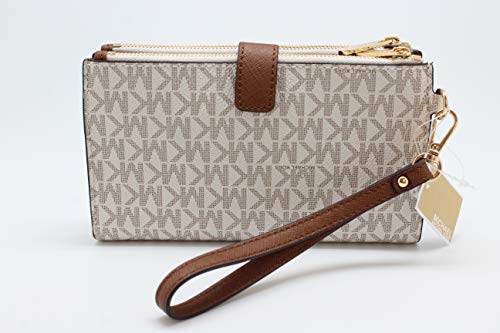 Michael Kors Jet Set Travel Double Zip Wristlet - Signature PVC (Vanilla PVC/Dark Acorn)